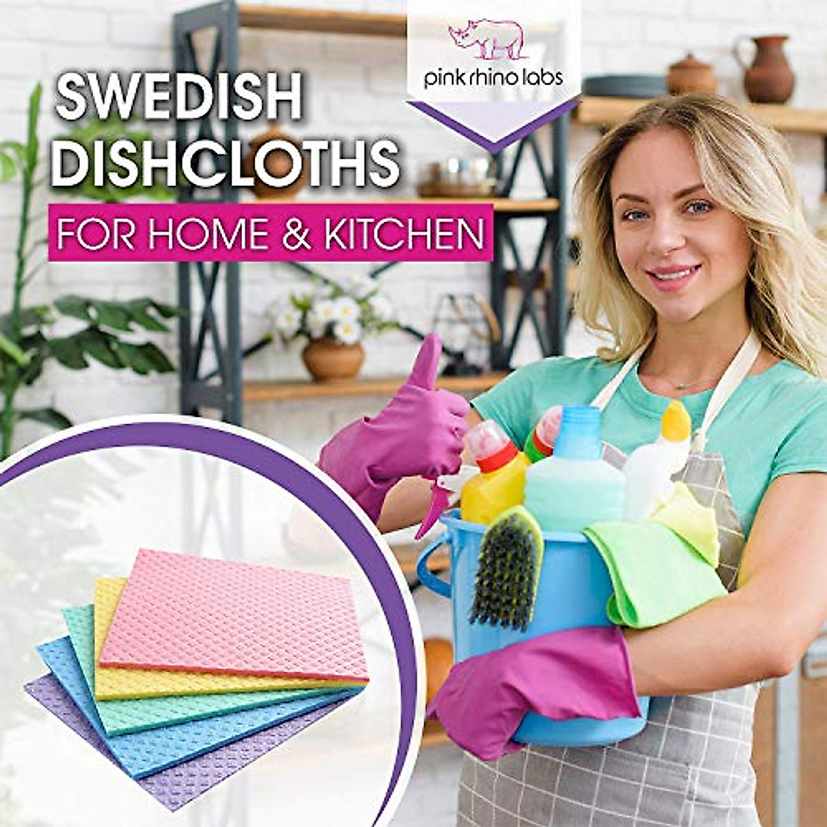 PINK RHINO LABS Swedish Dishcloths for Kitchen 10 Pack – Reusable Swedish Dish Towels: Replace Cellulose Sponges for Kitchen Cleaning, Dish Towels for Drying Dishes, Paper Towel Alternative & More