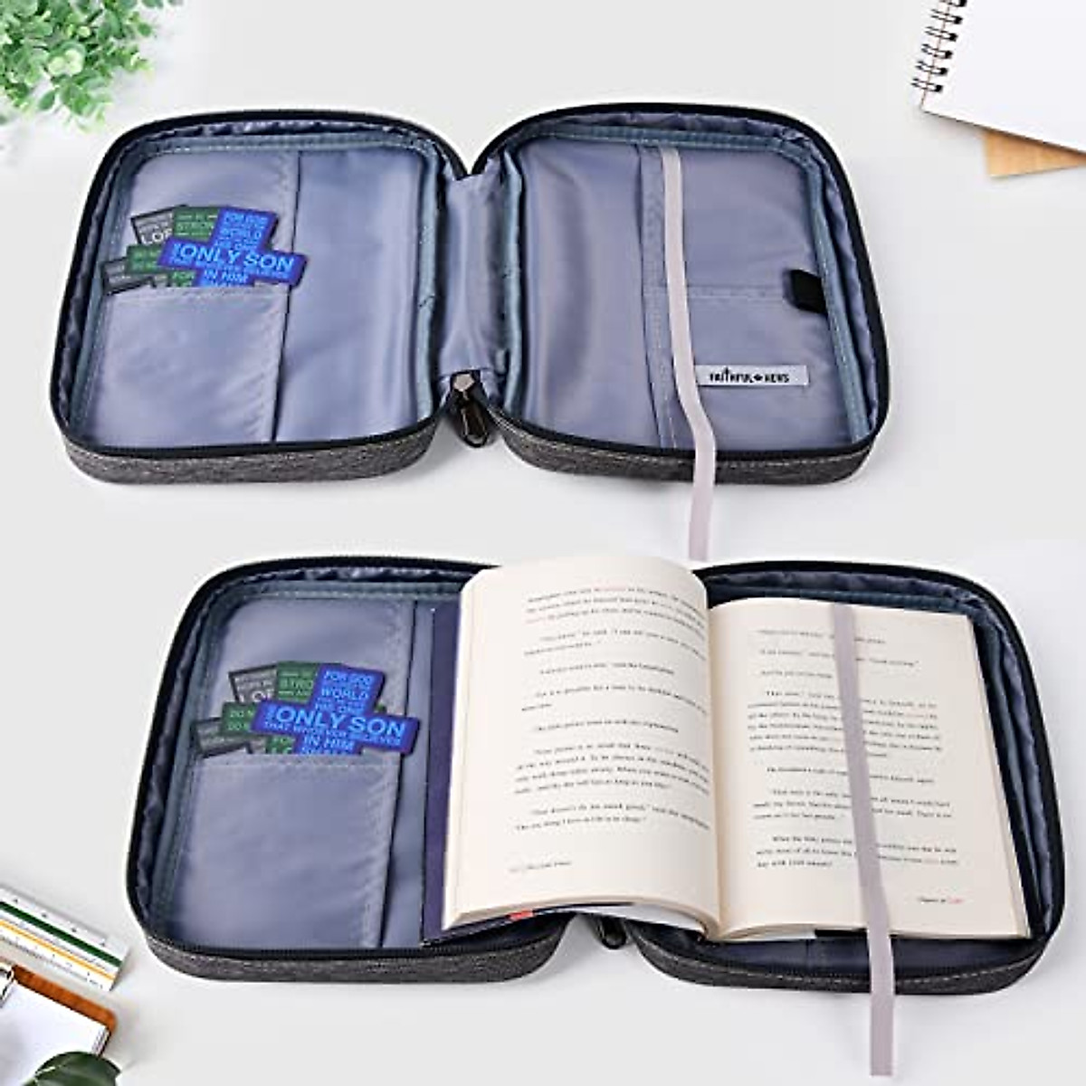 Bible Cover Case with Scripture Book Case Church Bag with 3 Cross Bookmarks Protective with Handle, Zipper and Pockets for Men 10“x7.5”x2.5" Fits Standard Size Bible 9.6"x7.5"x2.5", Black