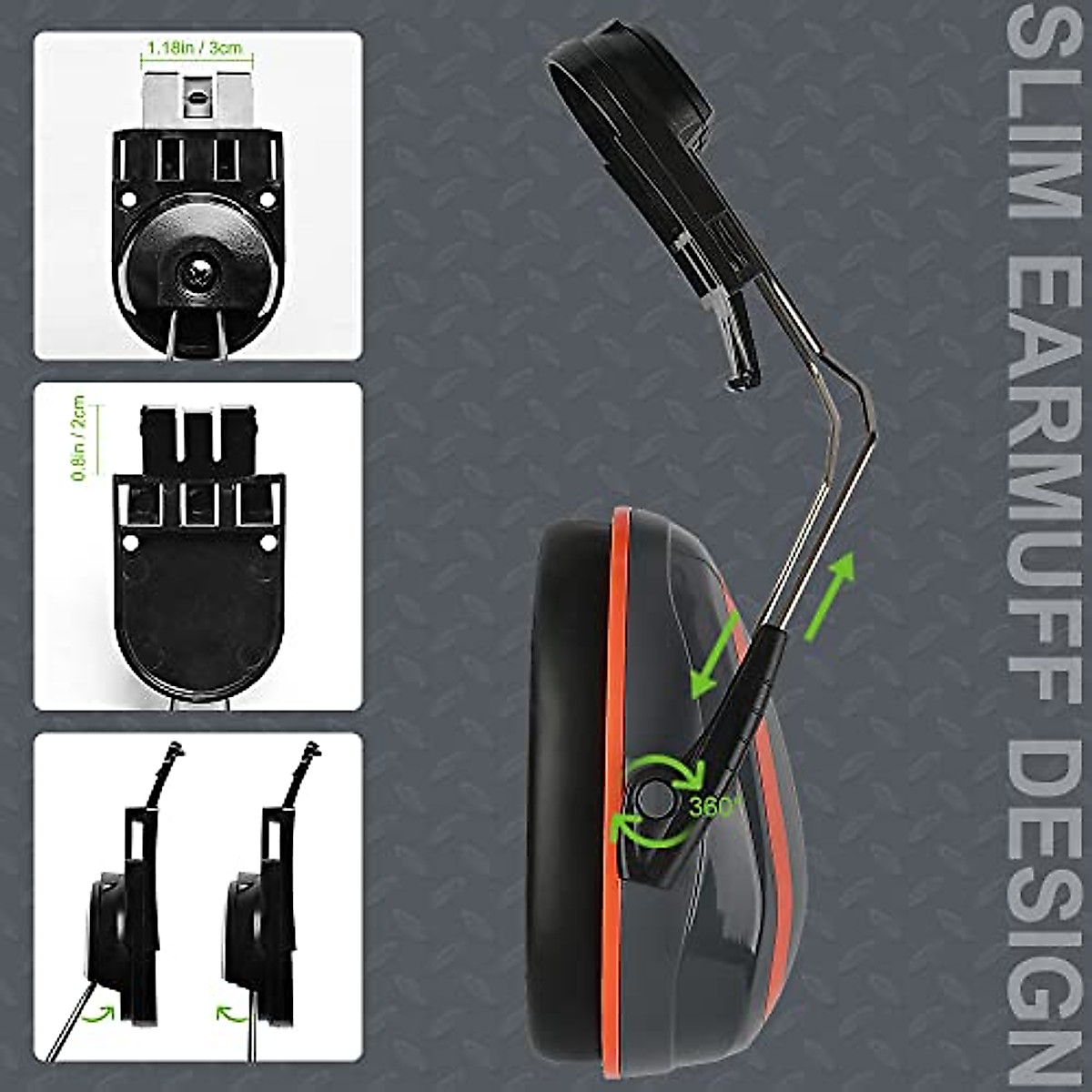 GREEN DEVIL Hearing Protection Ear Muffs For Hard Hat SNR27dB/NRR 22dB Noise reduction Low Profile Helmet mounted Safety Earmuff for Construction or Manufacturing