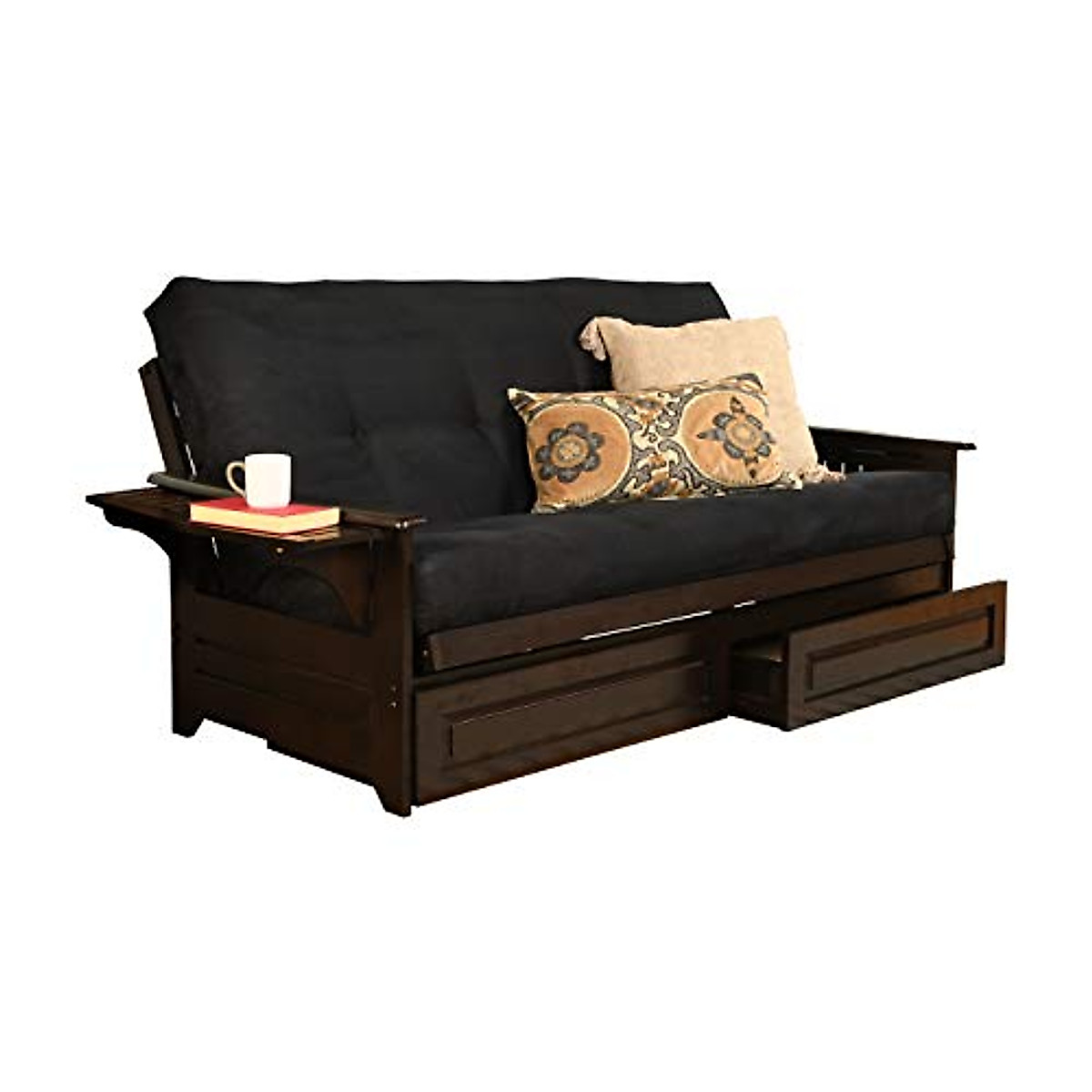 Phoenix Full Size Futon Couch with Espresso Finish with Suede Black Mattress Included - Wooden Frame - Solid Hardwood Construction