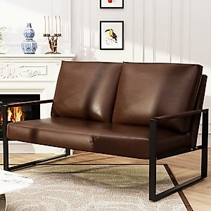 DLKGG Modern 45" Loveseat Sofa Couch, Faux Leather Small Loveseat Sofa with Ergonomic Cushion & Scratch Resistant Foot Mats, 2-Seater Loveseat Sofa for Living Room, Office, Reception Room(Brown)