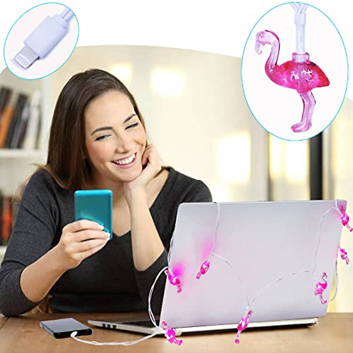 YAGE Tale Pink Flamingo USB Christmas Light Phone Charger Cord Designed for Women 50inch 8LED Compatible with Phone 11,11Pro,11Pro Max,12,12Pro,12Pro Max,13,13Pro,13Pro Max,14,14Pro,14Pro Max etc