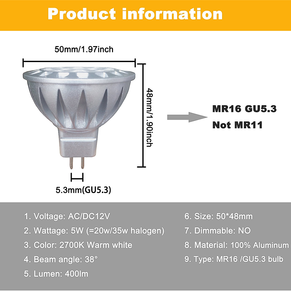 ALIDE MR16 Led Bulbs 5W Replace 20W 35W Halogen Equivalent,2700K Soft Warm White,12V Low Voltage MR16 GU5.3 Bulb Spotlights for Outdoor Landscape Flood Track Lighting,Not Dimmable,450lm,38 Deg,6 Pack