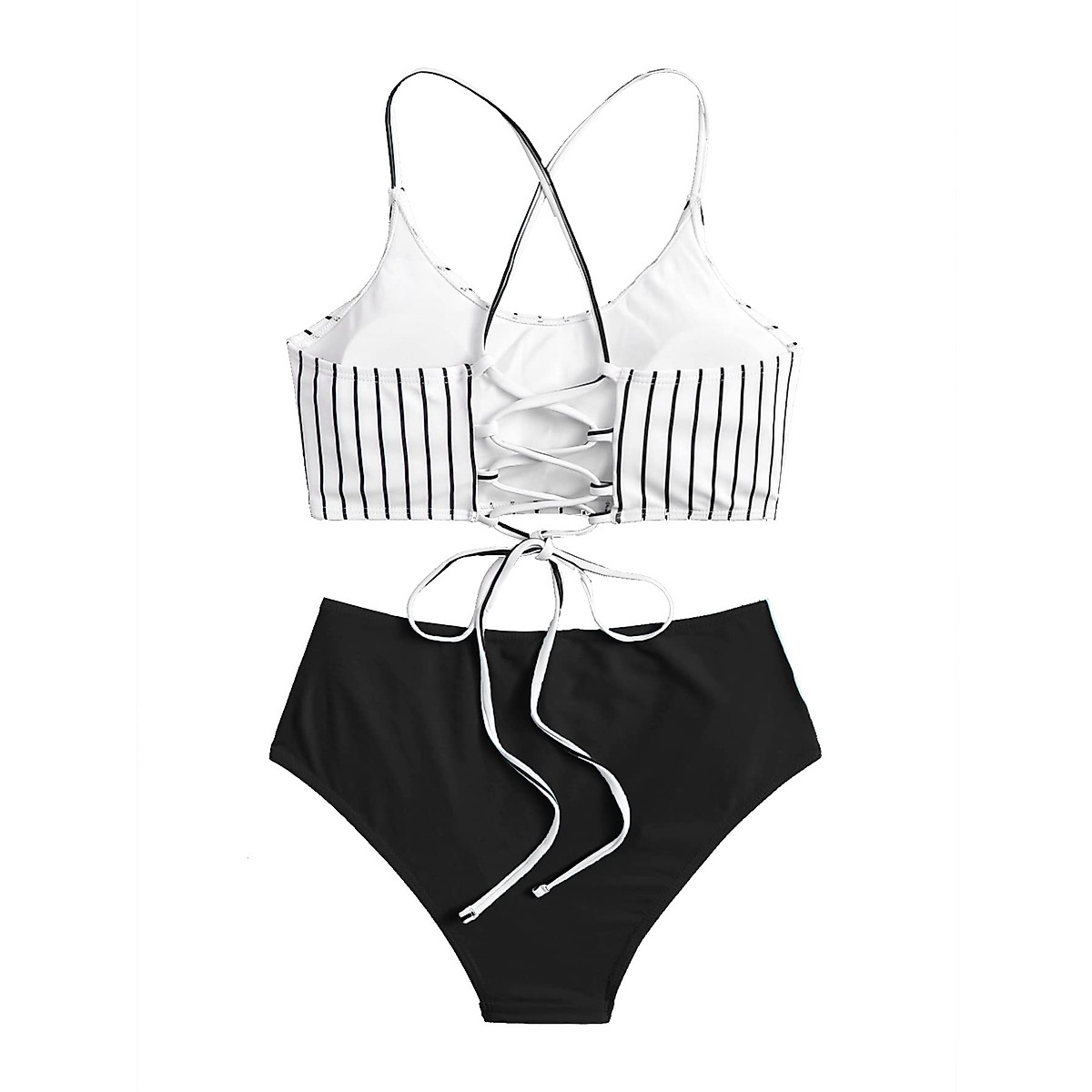 SweatyRocks Women's Bathing Suits Striped Criss Cross Bikini Set High Waisted Swimsuits Solid Black X-Small