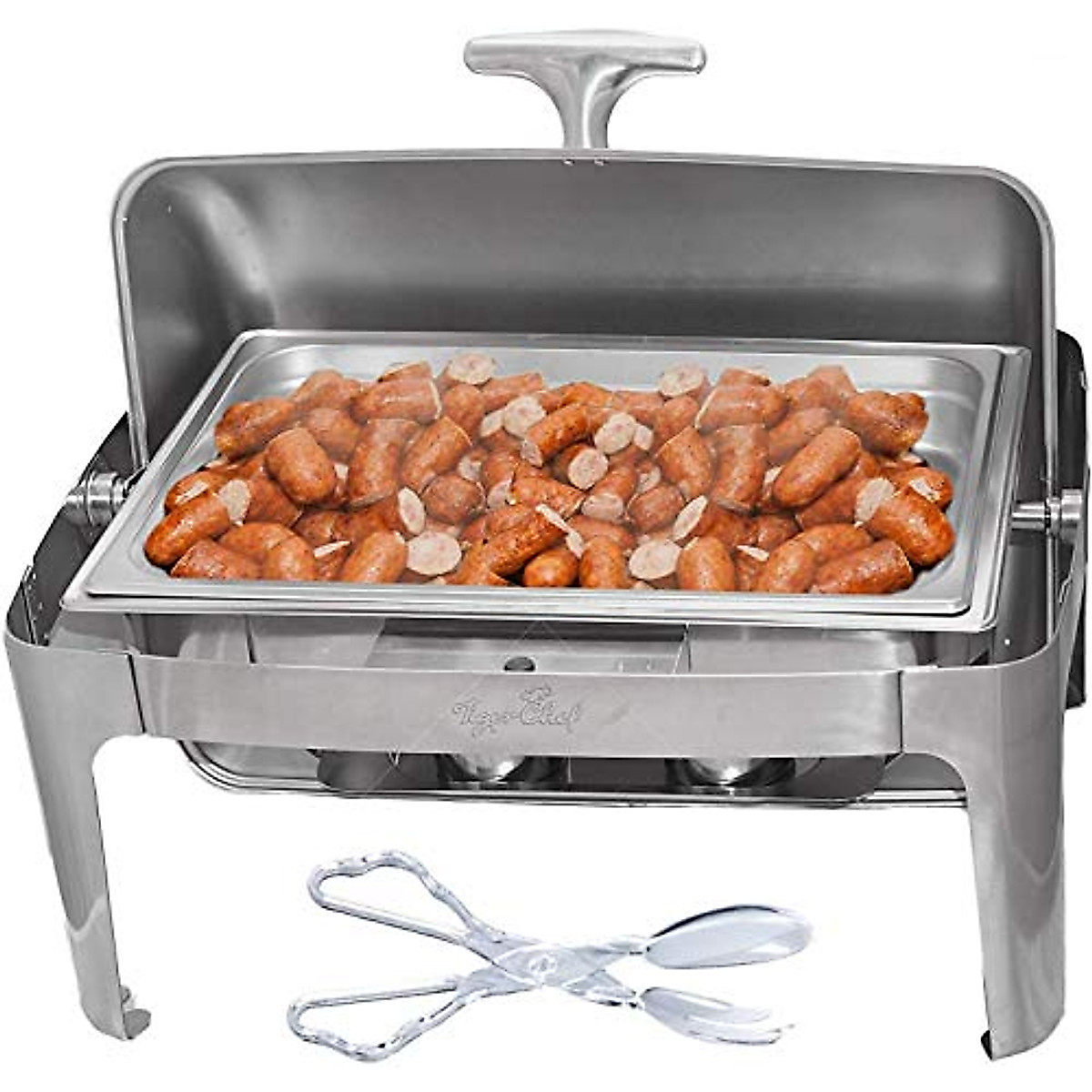 Tiger Chef Chafing Dish Buffet Set - Stainless Steel Chafer - Roll-Top Chaffing Dishes 8 Quart and Plastic Salad Tong - Chafer and Buffet Warmer Set