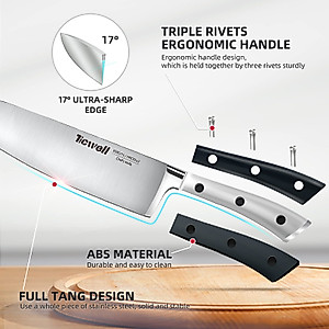TICWELL Knife Set 7pcs Knife Set with Block Sharpener Kitchen Professional High Carbon German Stainless Steel, Hollow Wooden Block, Triple Rivet Safe Full Tang Knife Handle Dishwasher Safe