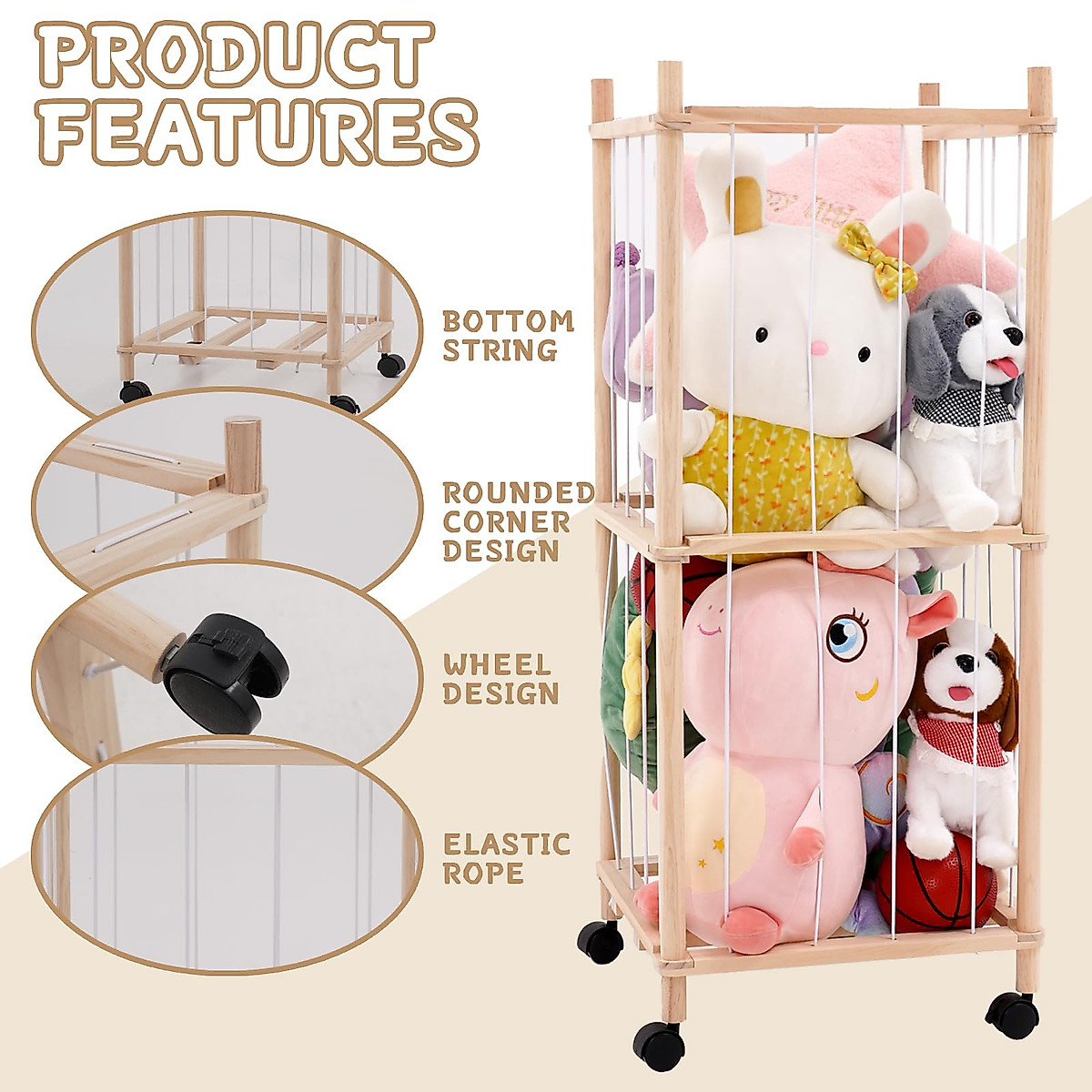 Stuffed Animal Storage, Stuffed Animal Zoo Wood Storage Box with 360° Brake Wheels, Toy Organizer Plush Toy Holder Nursery Room Organizer Zoo Cage for Kids Playroom, Bedroom, Nursery