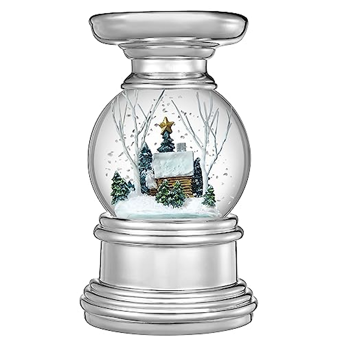 Haute Decor Snowburst 7 Inch Tall Log Cabin Christmas Snow Globe with Candle Holder and Built-in Timer, Warm White LED’s and Pulsing Snow Swirls for Pillar Candles