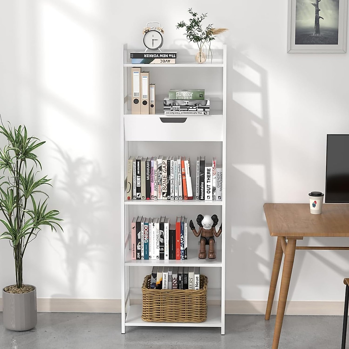 Bookshelf with Drawer, 5 Tiers Bamboo Bookcase Book Shelf Storage Organizer Modern ladder Shelf Display Stand Shelving Unit Tall Book Shelf Corner Rack for Home Office,Living Room,Kitchen,Bedroom,Toy