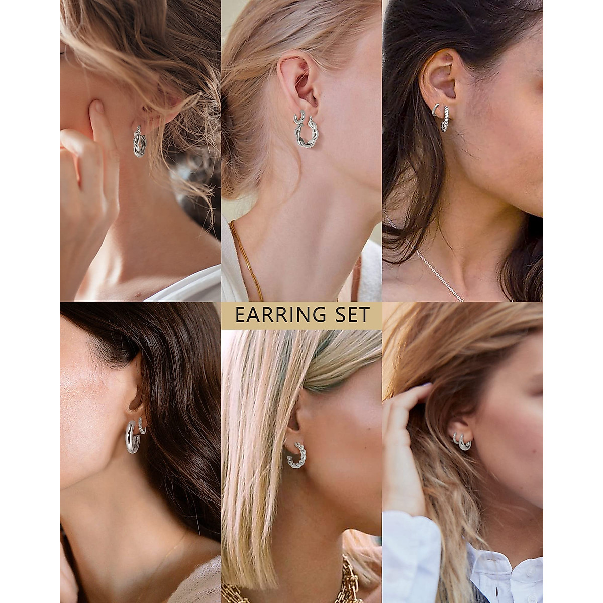 Adoyi Silver Hoop Earrings Set for Women Small Gold Hoops Twisted Huggie Hoop Earrings 14K Plated for Women Gift Lightweight 6 Pairs Ball Earrings