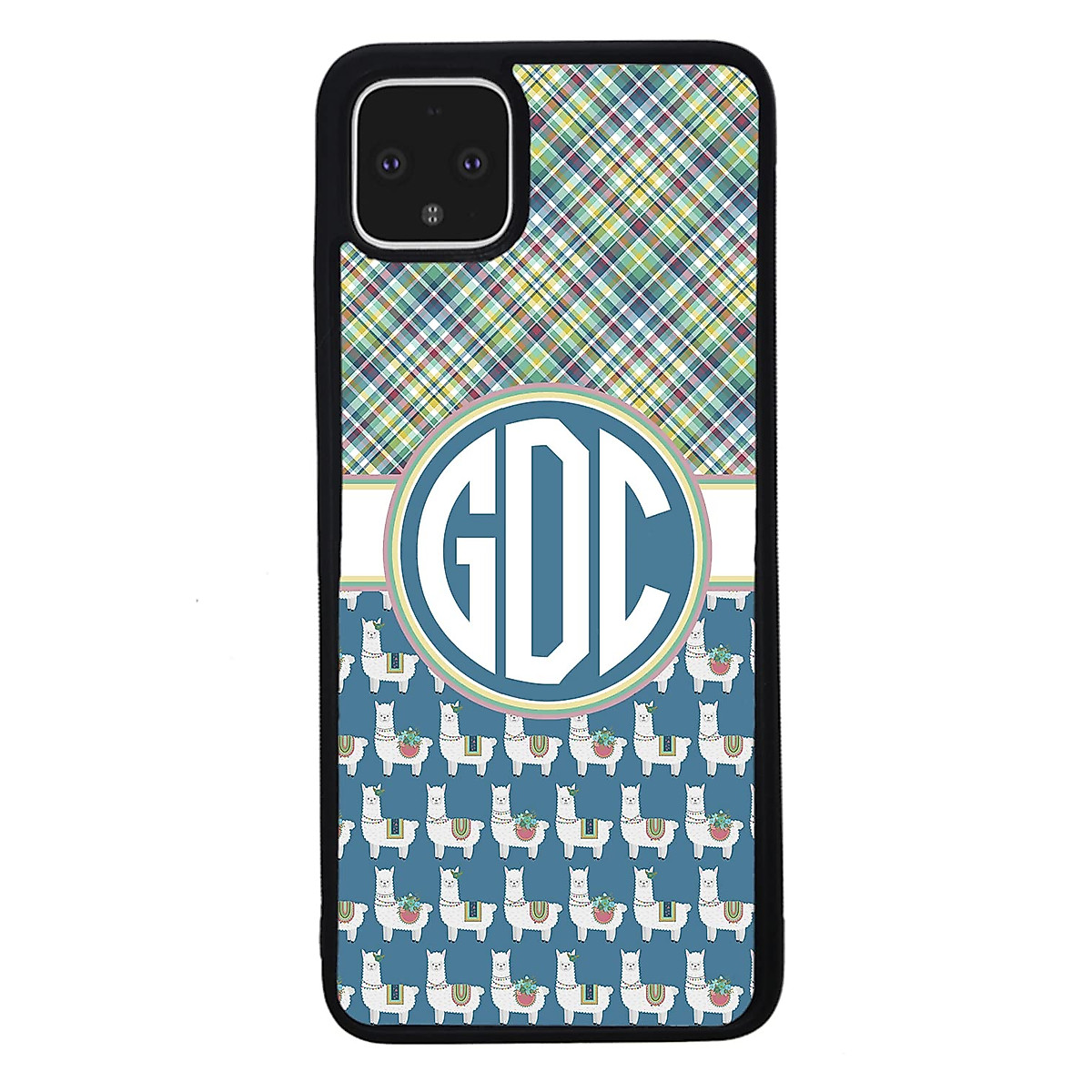 Green Blue and White Plaid Llama Monogram Black Rubber Phone Case Compatible With Google Pixel 8 Pro, 8a, 8, 7a, 7, Pixel 7 Pro, 6a, Pixel 6 Pro, 6, 5, 4a 5G, 4a 4G, 4, 4 XL, 3a, 3a XL, 3
