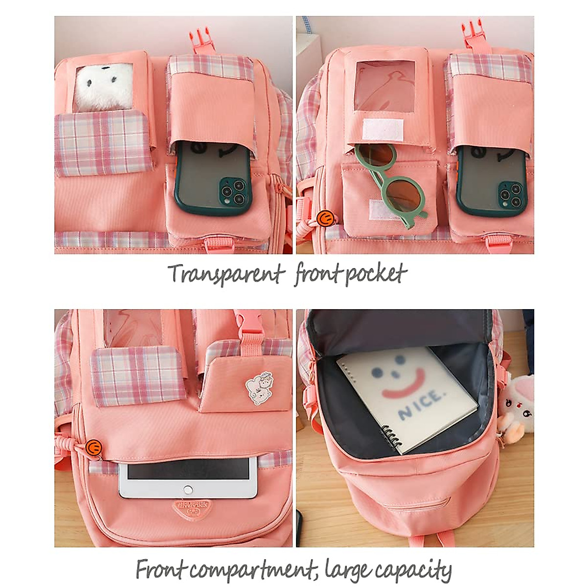 HCOOLE Kawaii Backpack 5Pcs Set with cute plush Pendants & Badge,19 gallon High capacity School Bag Cute Aesthetic Backpack