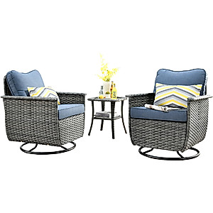 ovios 3 Pieces Patio Rocking Swivel Chairs with Side Table, Outdoor Wicker Rattan Rocker Chair of 2 with High Back Comfy Cushions for Porch Deck Garden (Grey Wicker-Denim Blue)