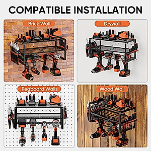 TICONN Heavy Duty Tool Organizer Rack, Garage Wall Mounted Electric Drill Storage Rack with Charger Shelf with 100lbs Weight Limit (Basic Side tool Strips)