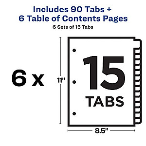 Avery 15-Tab Dividers for 3 Ring Binders, Customizable Table of Contents, Multicolor Tabs, 6 Sets (11197)