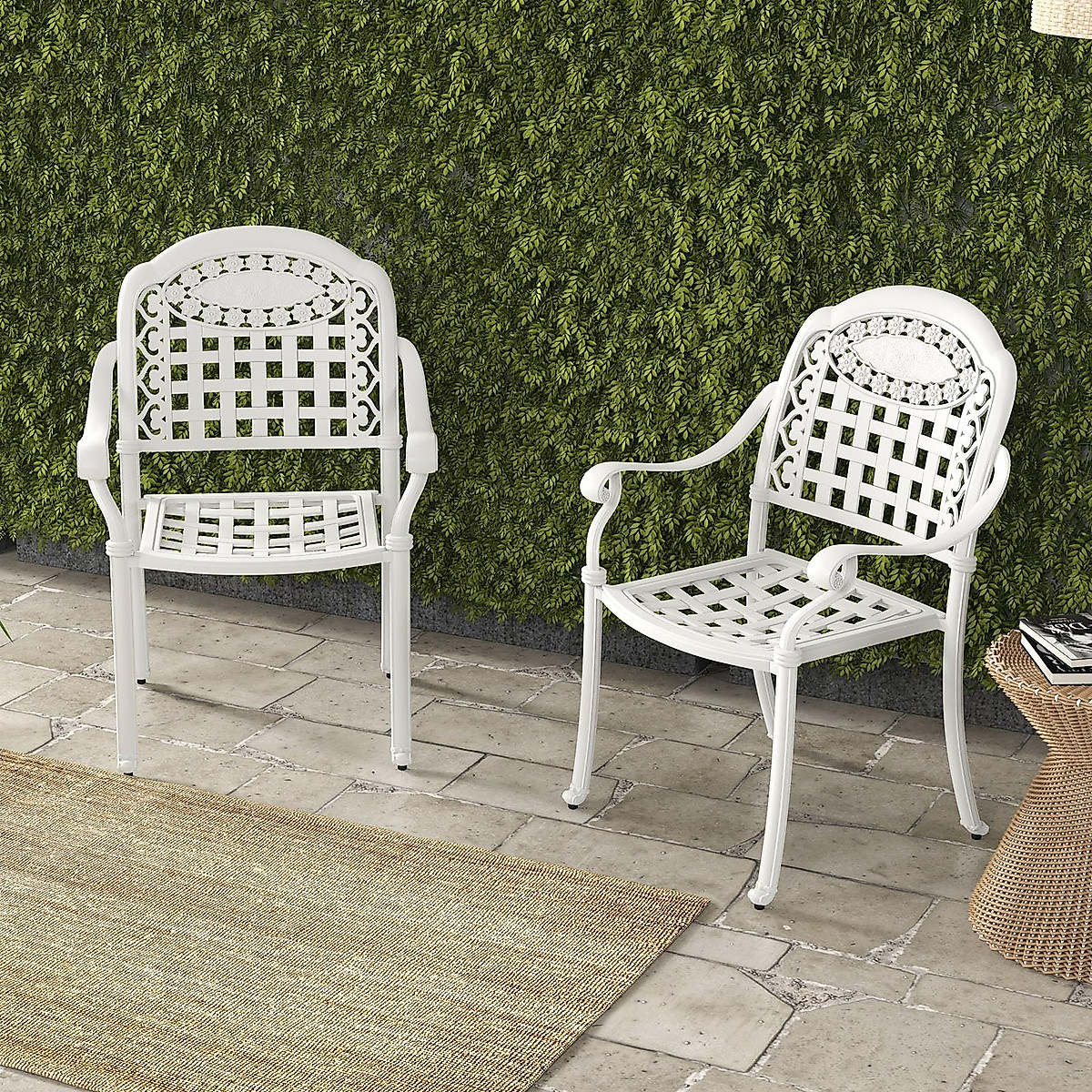 Giantex Stackable Outdoor Chairs Set of 2, All Weather Cast Aluminum Patio Chairs for Lawn Porch Garden Yard, Bistro Dining Chairs with Armrests, Adjustable Foot Pads, Easy Assembly (1, White)