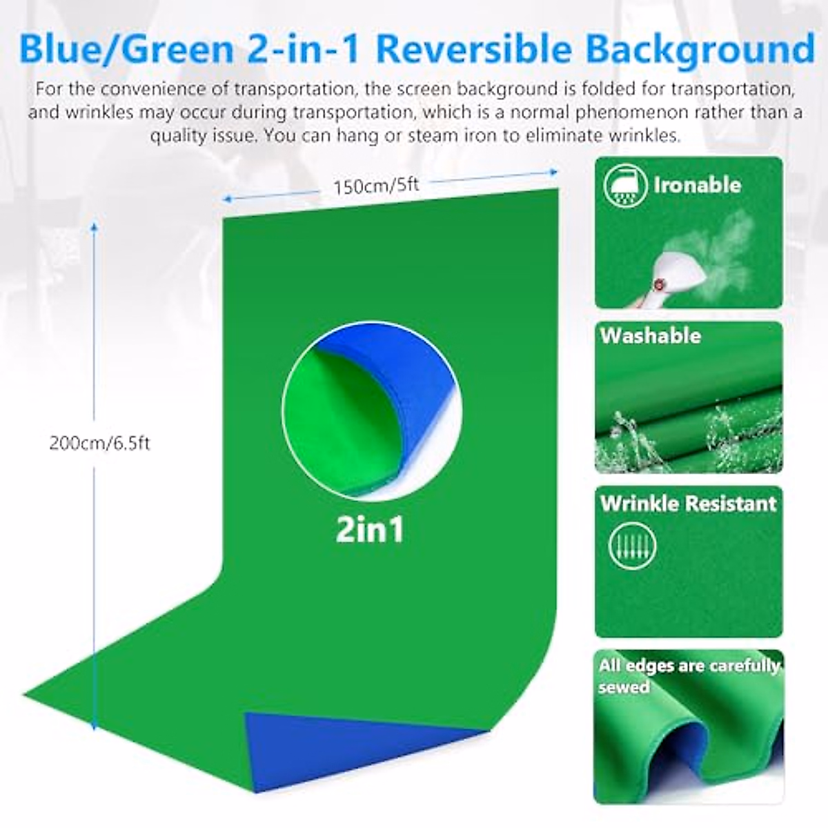 MSKIRA Blue Green Screen Backdrop with Stand Kit, 6.5 X 6.5Ft T-Shaped Adjustable Photo Backdrop Stand 2-in-1 Reversible Blue Greenscreen Background, 4 Clamps, Sandbag