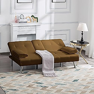 FULife Tufted Upholstered Futon Sofa Convertible Sleeper Couch Bed Daybed Loveseat,Folding Recliner with 2 Cup Holders,Removable Soft Pillow-Top Armrest,3 Angles for Living Room Small Place