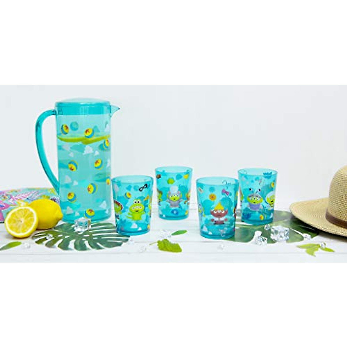 Zak Designs Pixar Movies Alien Remix Beverage Serving Set Includes Pitcher and 4 Durable Plastic Tumblers with Unique Artwork, Perfect for a Pool Party (5 Pieces), Green,10 ounces