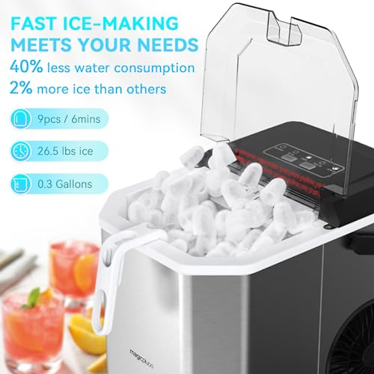 magicplux Ice Maker, Self-Cleaning Ice Makers Countertop, 9 Cubes in 6 Mins, 26.5 lbs Ice per Day, Ice Machine with Basket and Scoop for Home/Kitchen/Office/Party