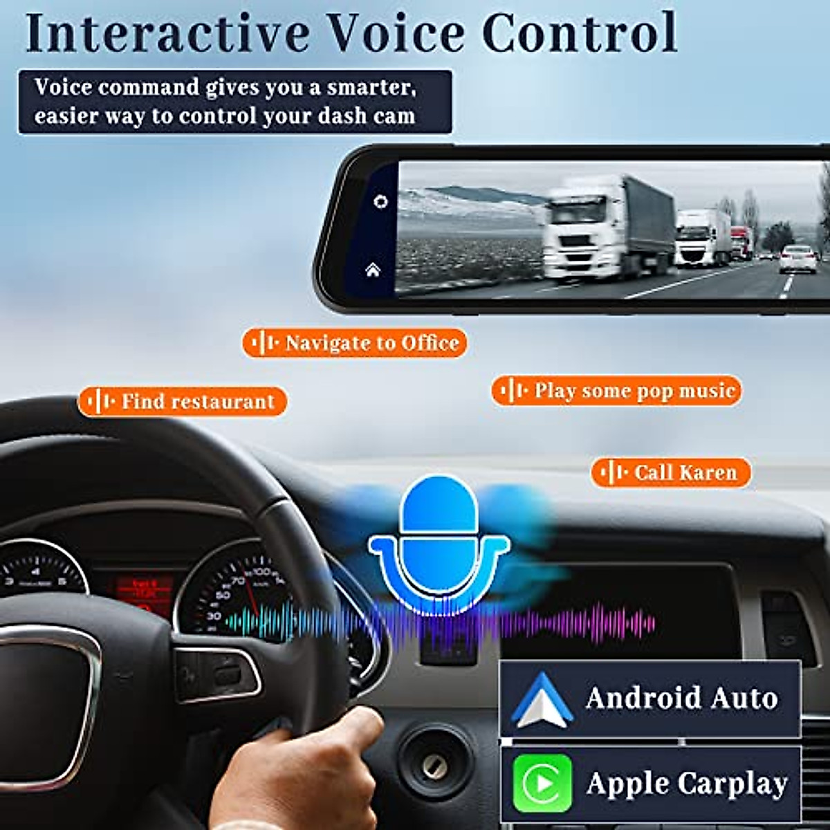 9.66" Mirror Dash Cam Front and Rear with Wireless CarPlay Android Auto Rear View Mirror Camera for Cars & Trucks, Enhanced Night Vision, IPS Touch Screen, Voice Control, Dual Cameras+32G Card, 7V-36V