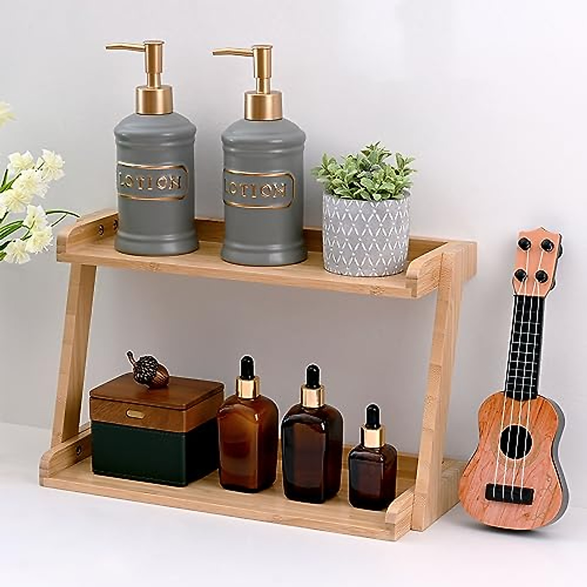 2 Tier Bathroom Organizer Countertop, Bamboo Wooden Bathroom Counter Organizer, 2 Tier Bamboo Tray, Kitchen Counter Organizer