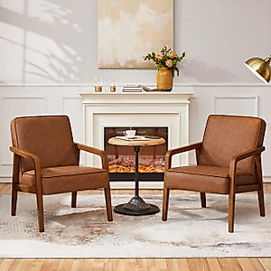 Yaheetech PU Leather Accent Chair, Mid-Century Modern Barrel Chair with Wooden Frame and Soft Thick Padded for Living Room Bedroom Home Office, Light Brown