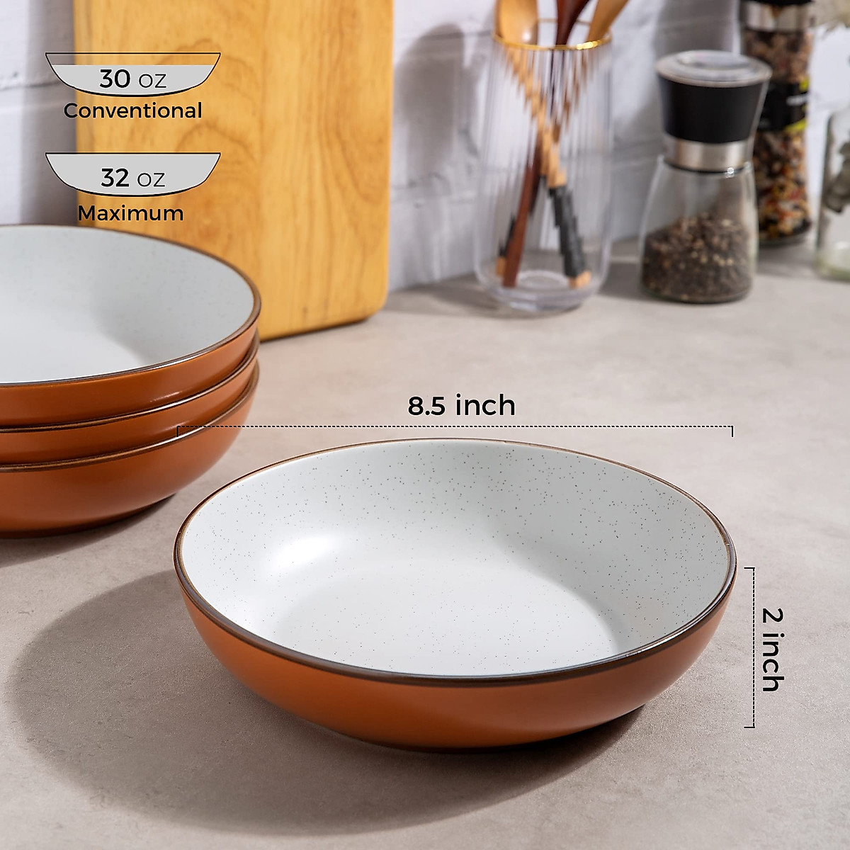 AmorArc 8.5'' Stoneware Pasta Bowls, 32oz Large Speckled Bowls Set of 4 for Kitchen, Wide Bowls for Pasta,Salad,Oatmeal, Microwave&Dishwasher Safe, Matte Orange