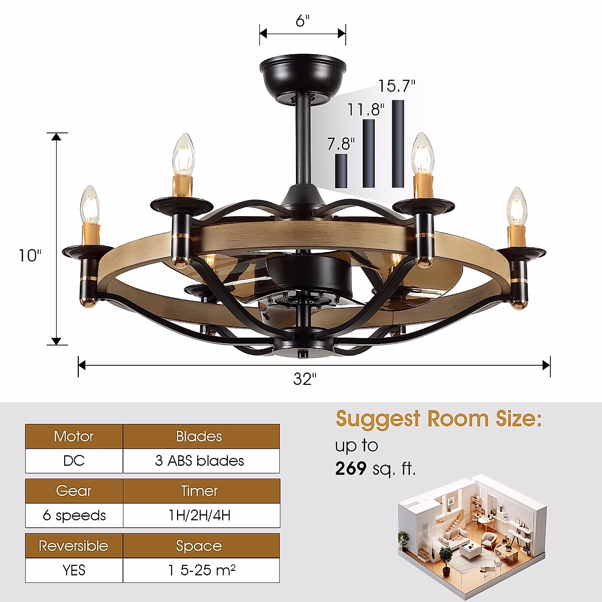 MADSHNE 32" Caged Ceiling Fans with Lights and Remote, Modern Farmhouse Fan Light for Living Room,Black Rustic Chandelier Candles,Reversible(Bulbs Included)
