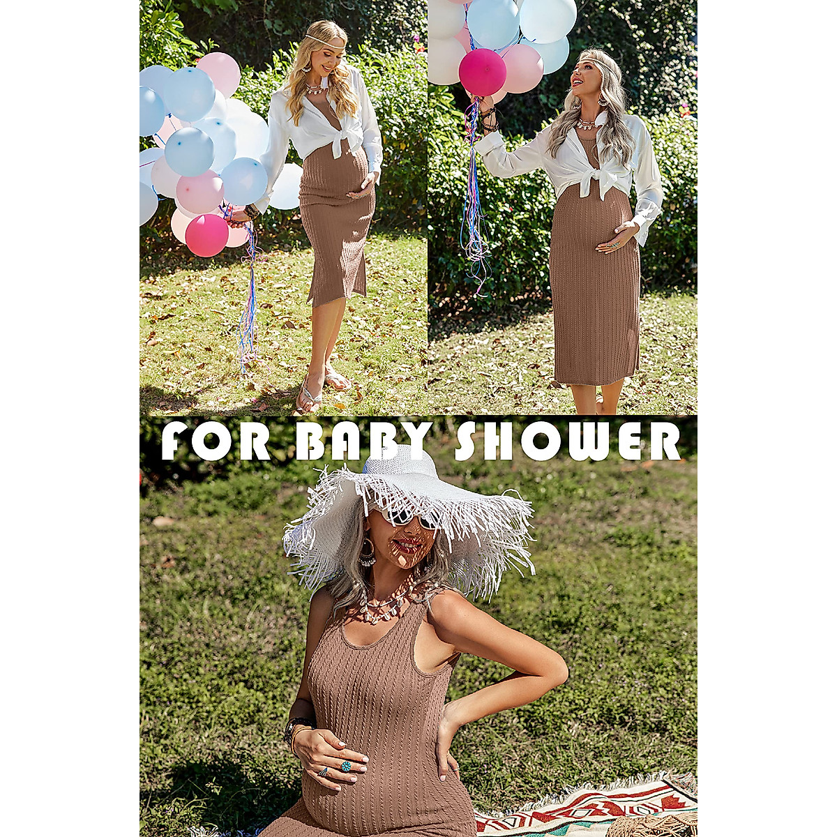 Ekouaer Women's Maternity Dress Rib Knit Sleeveless Baby Shower Dresses Casual Bodycon Pregnancy Clothes Khaki Medium