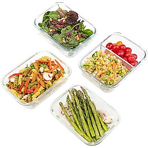 JINAMART Glass Food Containers with Airtight, Leak Proof, BPA Free Lids (Set of 4 Food storage Containers - 2 Bento Boxes, 2 Full Containers)