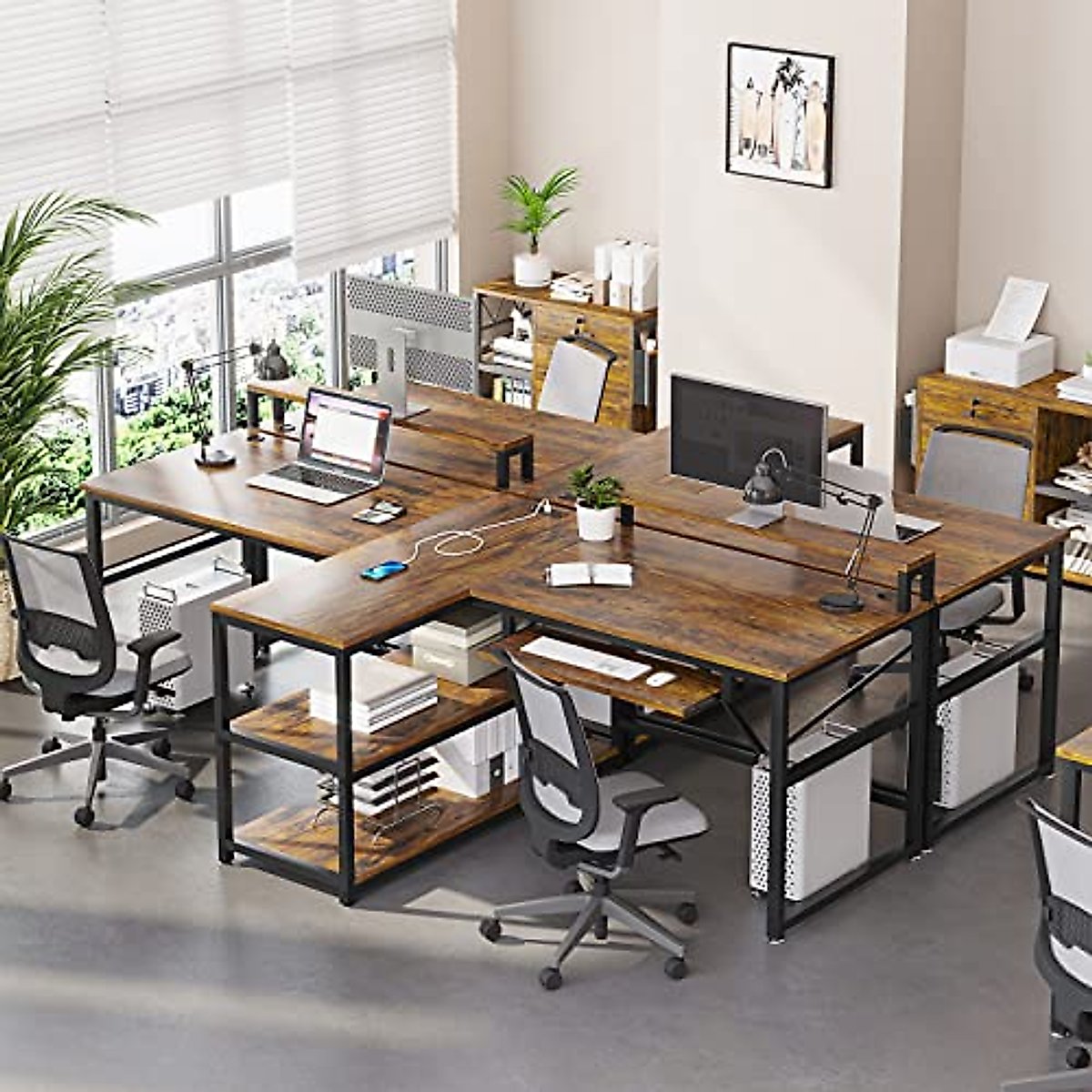 SEDETA 94.5" Home Office Desks, Computer Gaming Desk with Storage, LED Lights, Power Strip with USB, Keyboard Tray & Monitor Stand, Extra Long Double Desk for 2 Person, Rustic Brown