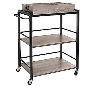 VASAGLE Industrial Bar Cart for The Home, Serving Cart with Wheels and Handle, 3-Tier Beverage Cart with Removable Tray and Storage Shelves for Living Room Kitchen, Greige and Black ULRC072B02