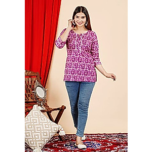COTTON HTHRANG Women's Tunics Tops, Printed Short Kurtis for Jeans Indian Style Cotton Casual Kurta for Women Purple