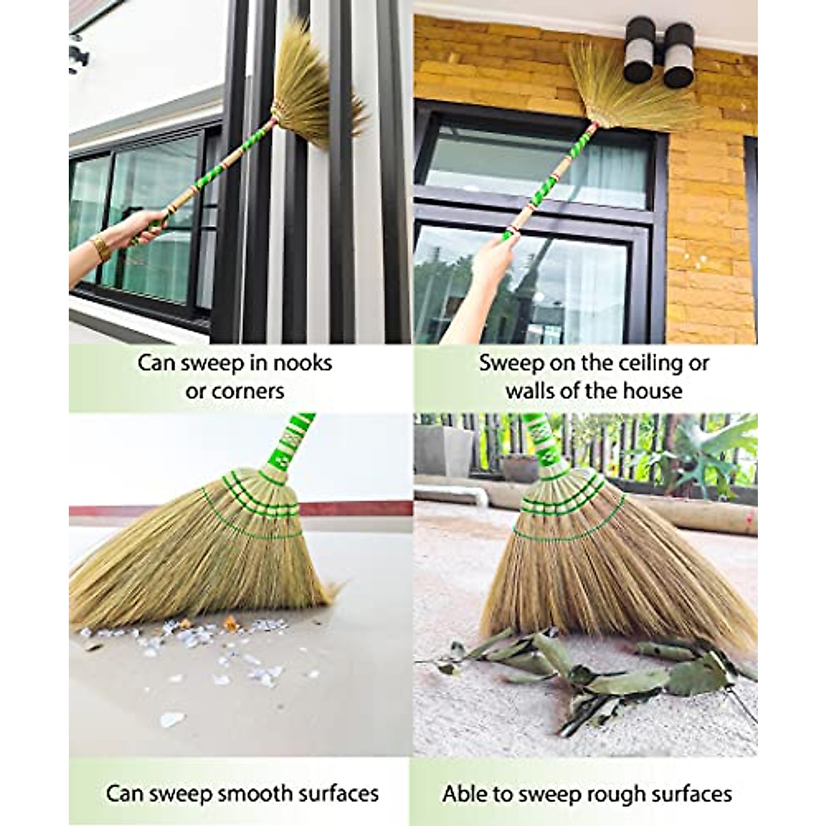 Natural Grass Broom for Sweeping Indoor and Outdoor with Brush Power and Circle Cleaning House, Kitchen, Office,Handmade Broom, Embroidered Woven,Housewarming Gifts Asian Broom 40 inch