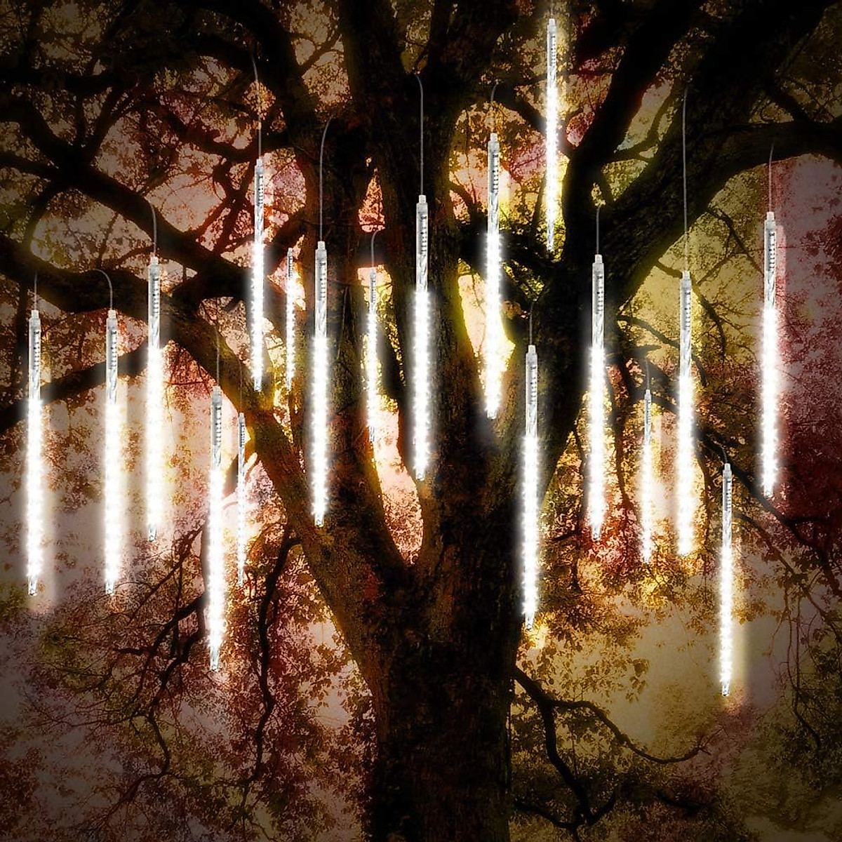 Vikdio Meteor Shower Rain Lights, 30cm 16 Spiral Tubes 480 LEDs 5.25m Lit Length Waterproof Snowfall LED Lights for Wedding Christmas Garden Tree Home Decor, Support 2 Sets Connected (Blue)