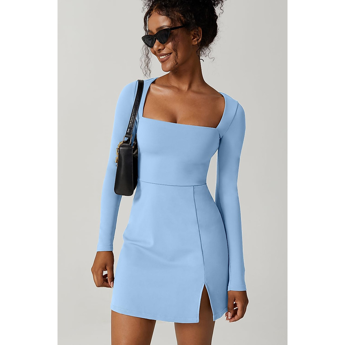 QINSEN Womens Airy Blue Mini Dress for Casual Long Sleeve High Waist Bodycon Dresses S