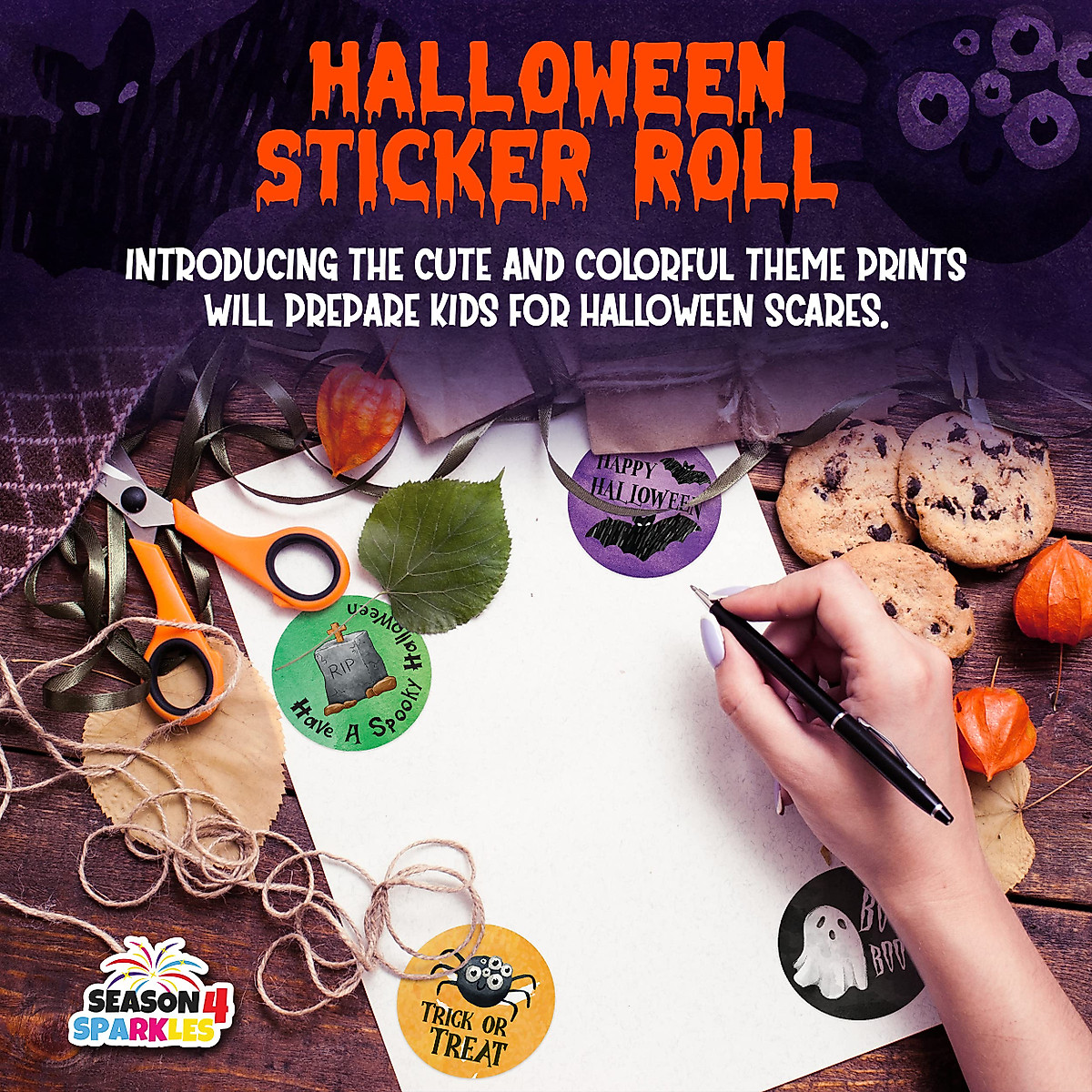 Halloween Sticker Roll 1.5 Inches - 200 Pcs Cute Halloween Stickers for Kids, Toddlers and Adults - 6 Designs Happy Halloween Stickers Bulk Suitable for Party Decors, Arts and Crafts and Goodie Bags
