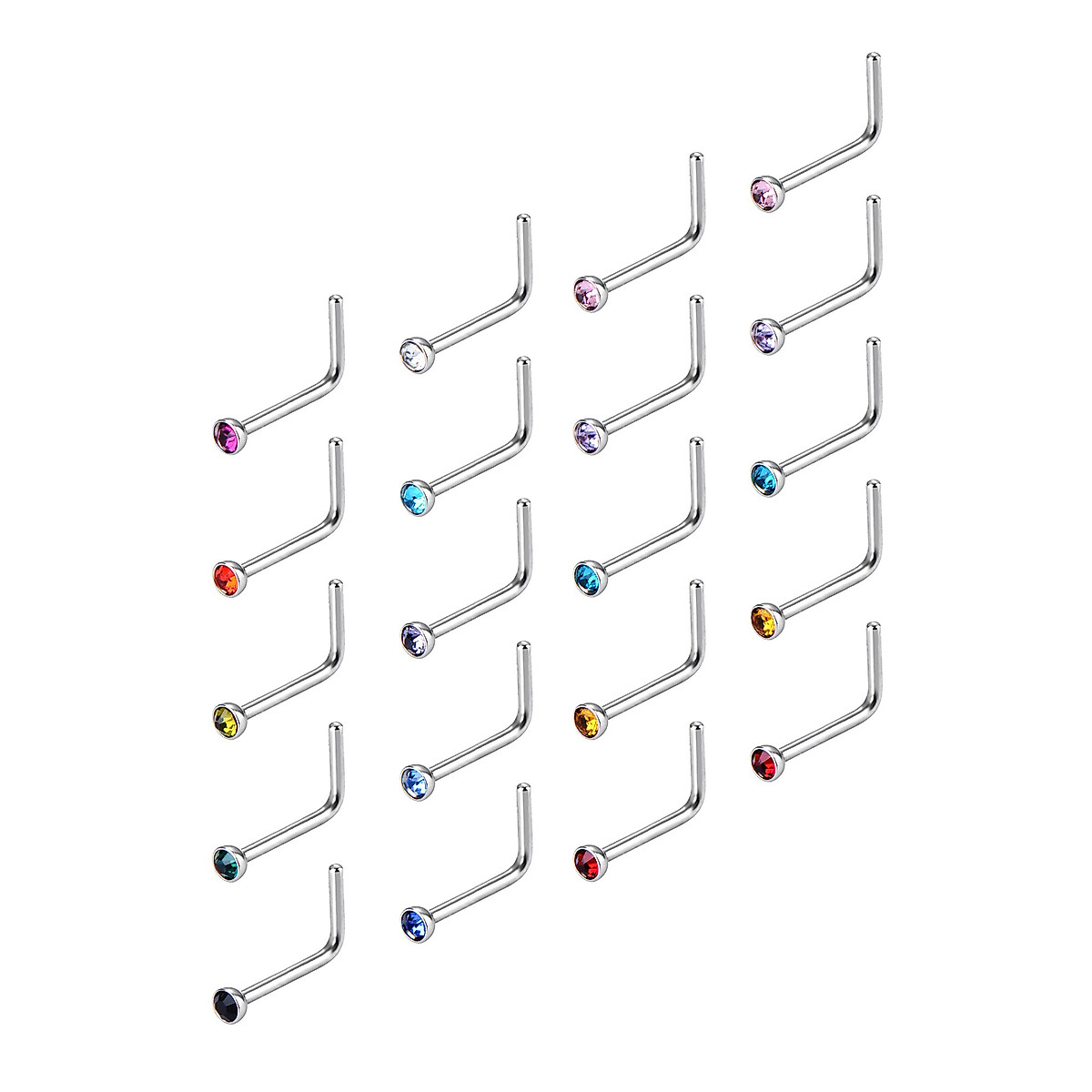 Mudder 20 Pcs Curved Nose Studs Stainless Steel Nose Ring Colorful L Shaped Crystals l Bend Nose Screw Piercing Jewelry,20 Gauge