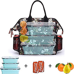 Insulated Lunch Bag, Wide-Open Lunch Box for Work/Picnic/Hiking/Beach/Fishing, Water-Resistant Leakproof Lunch Tote Bag for Women and Men (Flower Pattern+Shoulder Strap)