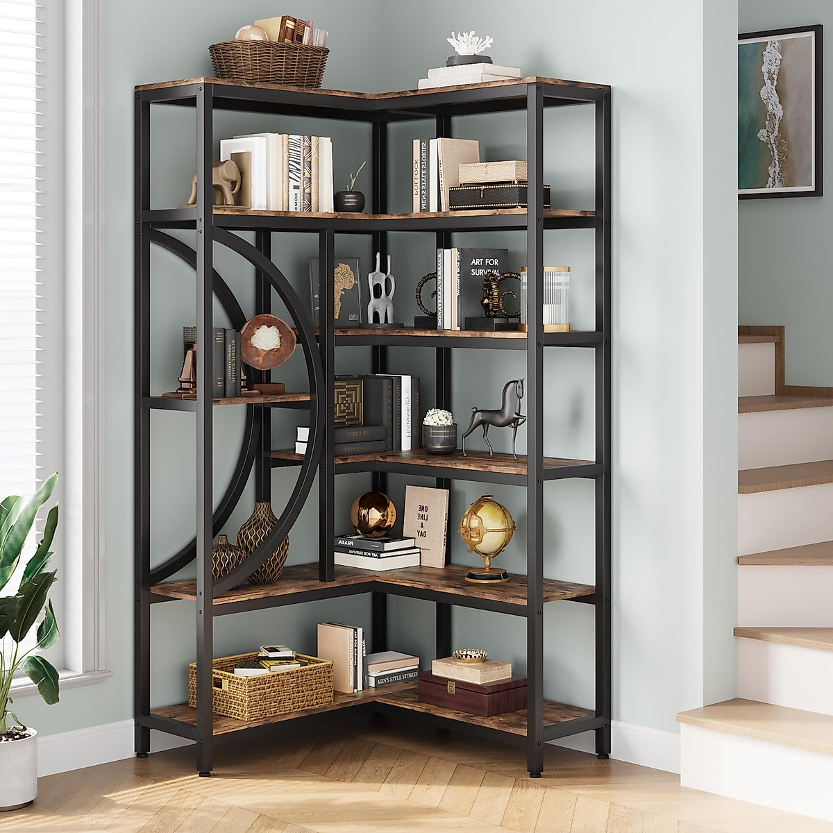 Knowfunn Industrial Corner Bookshelf with 6 Tier, L-Shaped Modern Bookcase, Large Corner Storage Rack, Wooden Corner Display Shelf for Home, Office, Living Room, Bedroom - Rustic Brown