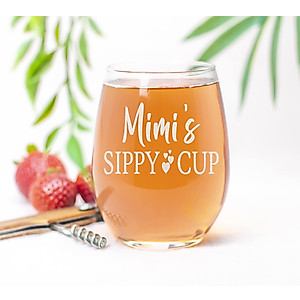 CARVELITA Mimi's Sippy Cup, 15oz Stemless Wine Glass, Funny Birthday Christmas Mother Day Gifts For New Grandma, Mimi, Grandmother, Mom, From Daughter, Son