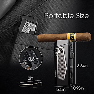 All-in-one Cigar Lighter with Quad Jet Torch Flames, Cigar Stand, Cigar Punch, Cigar Draw Enhancer, Cigar Accessories 4-in-1, Stylish Gifts for Men, Refillable Cool Butane Lighters for Smoking, Candle