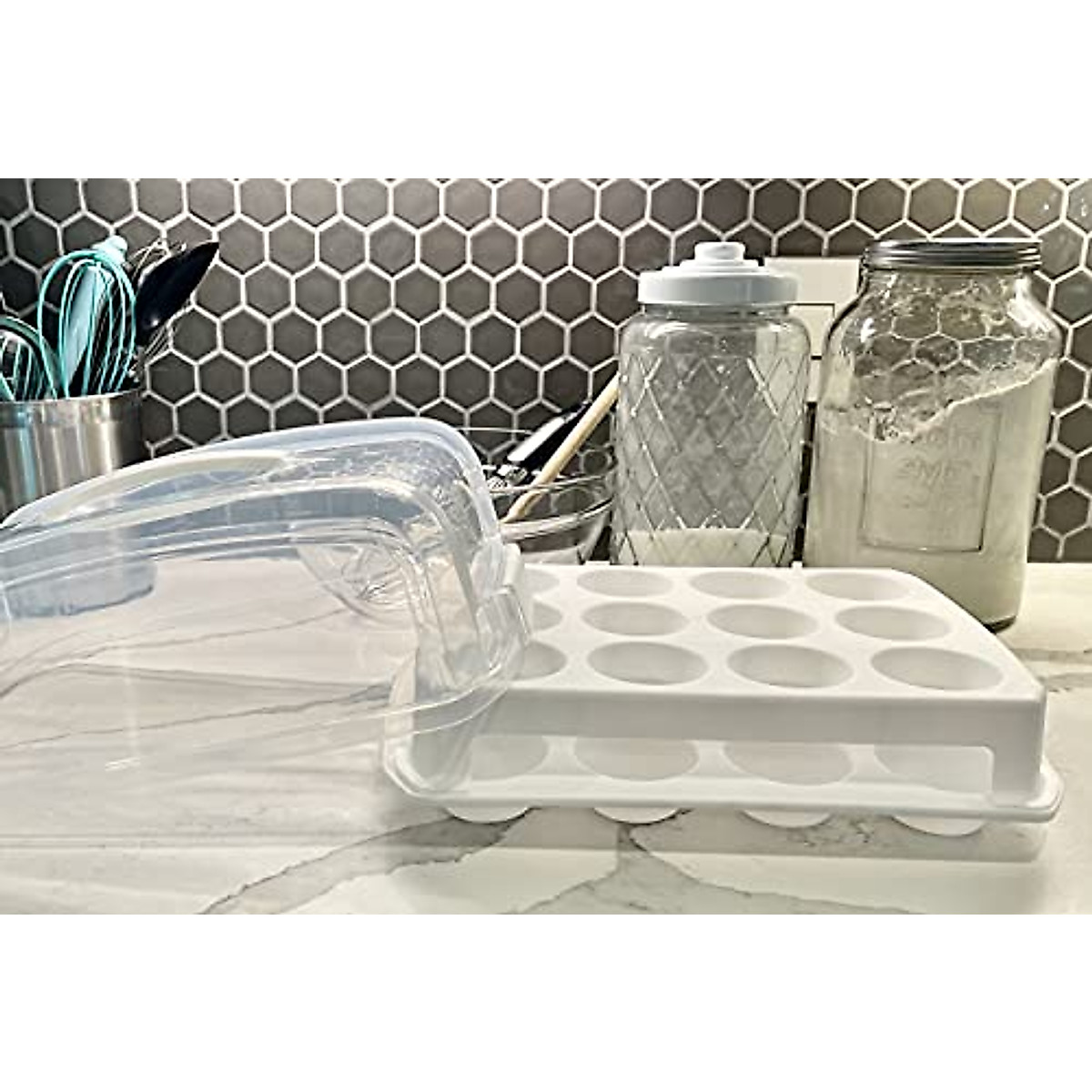 Top Shelf Elements Cupcake Carrier, Fashionable White Cupcake Holder Carries 24 Standard-Size Cupcakes, Durable Muffin Traveler Two Tier Stand and Reusable Cupcake Box