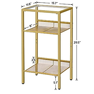 HOOBRO Tall End Table, Tempered Glass Telephone Table with Mesh Shelf, 3-Tier High and Narrow Side Table for Small Space, Sofa, Living Room, Bedroom, Easy Assembly, Modern Style, Gold GD04DH01