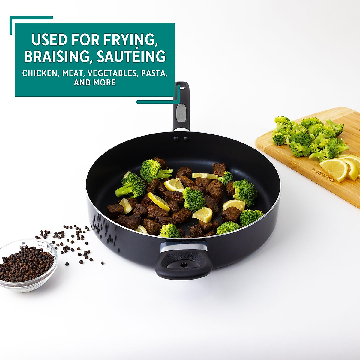 Mirro A79782 Get A Grip Aluminum Nonstick Jumbo Cooker Deep Fry Pan with Glass Lid Cover Cookware, 12-Inch, Black