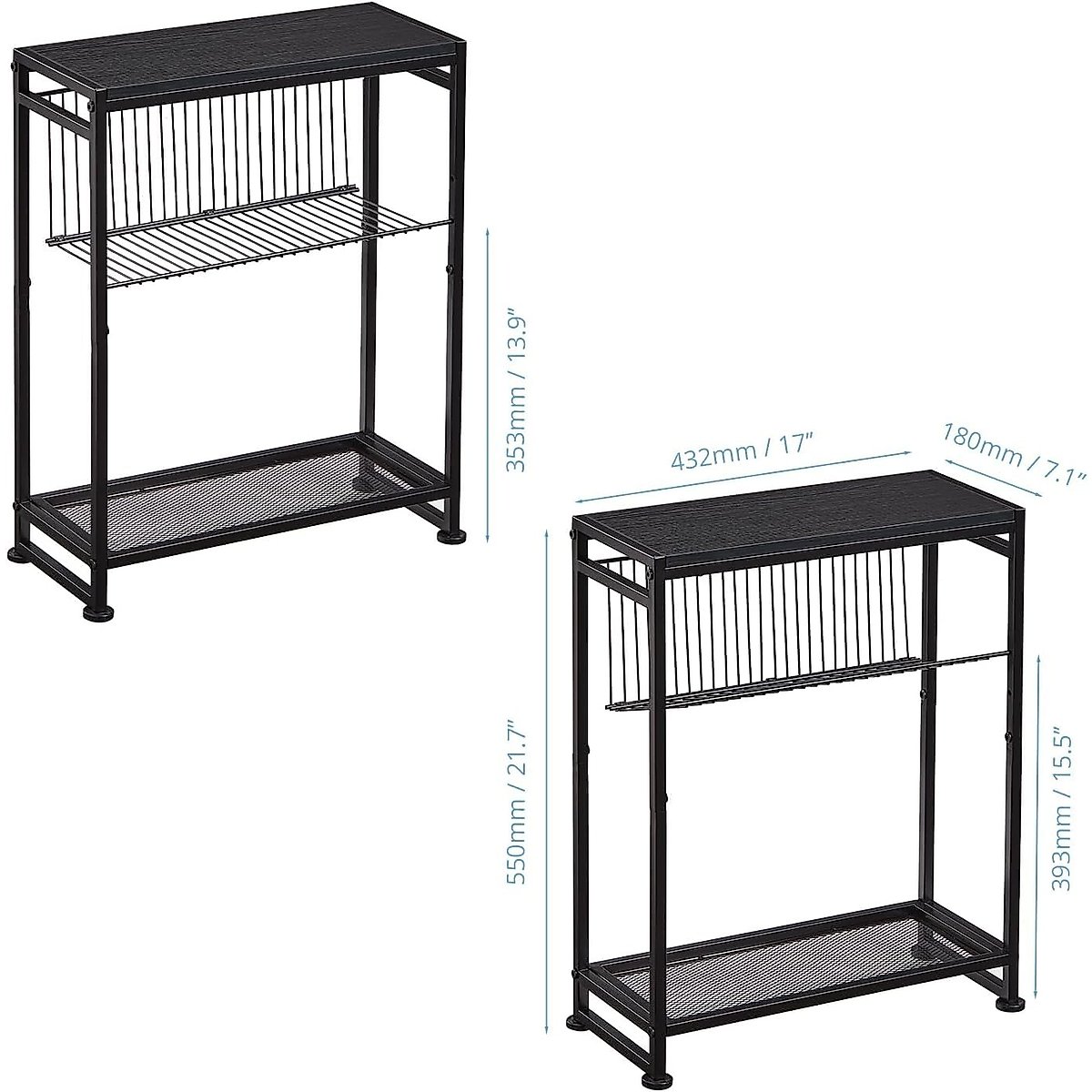Slim End Table with Magazine Holder - 2 in 1 Design for Small Spaces - Black