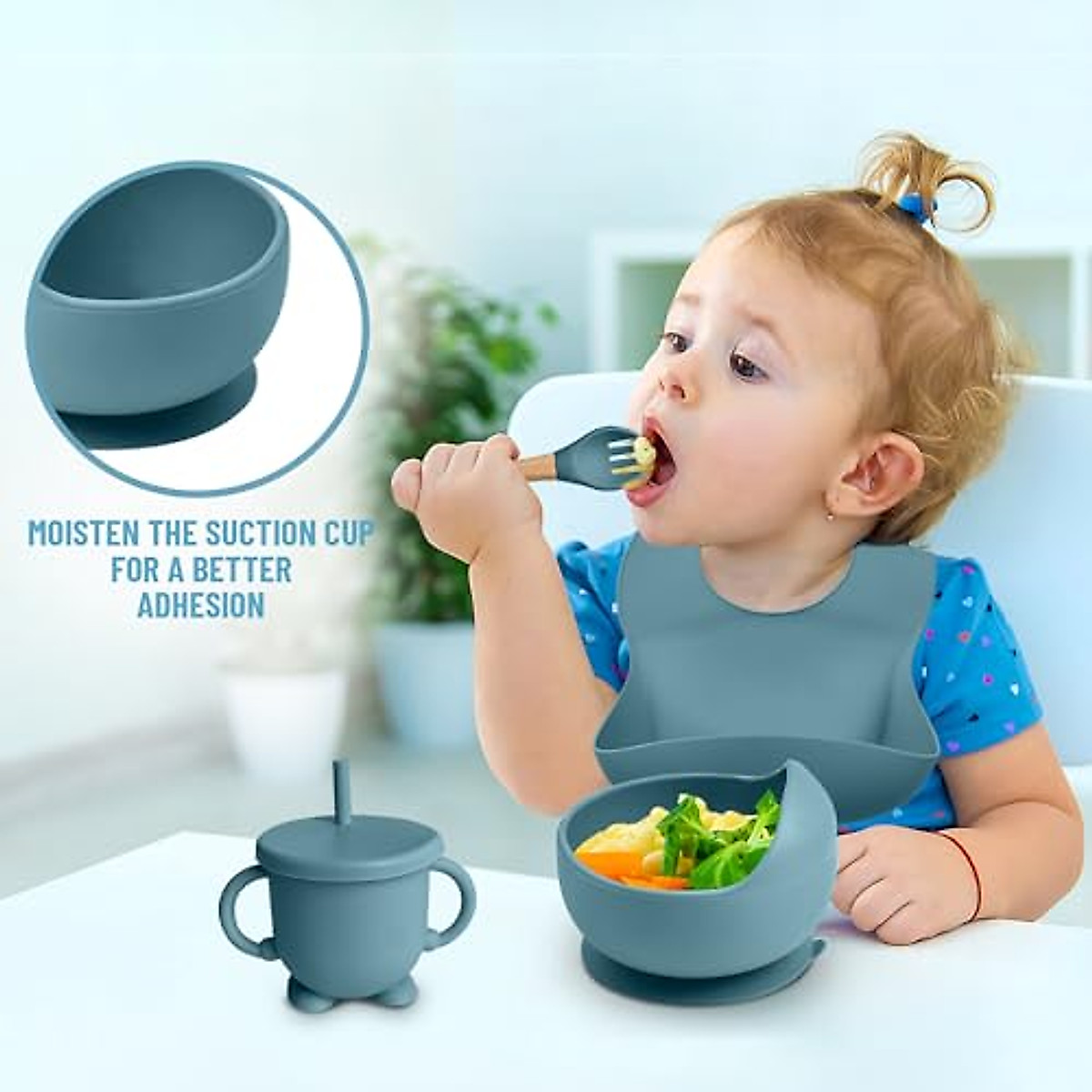 AYBABY Baby Led Weaning Supplies, 10 pieces Baby Feeding Set with Suction Divided Plate with lid, Bowl, Ergonomic Fork and Spoon, Sippy Cup, Bib and Teething feeder - (blue)