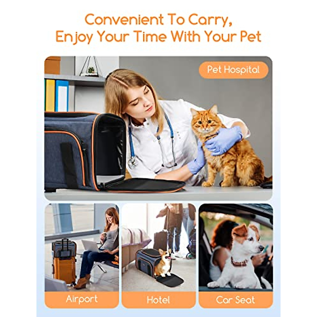 Cat Carrier, Meowant Airline Approved Pet Carrier, 3 Sides Expandable Dog Carrier with Fleece Pad, 3 Doors for Cats, Dogs, Puppy and Small Animals