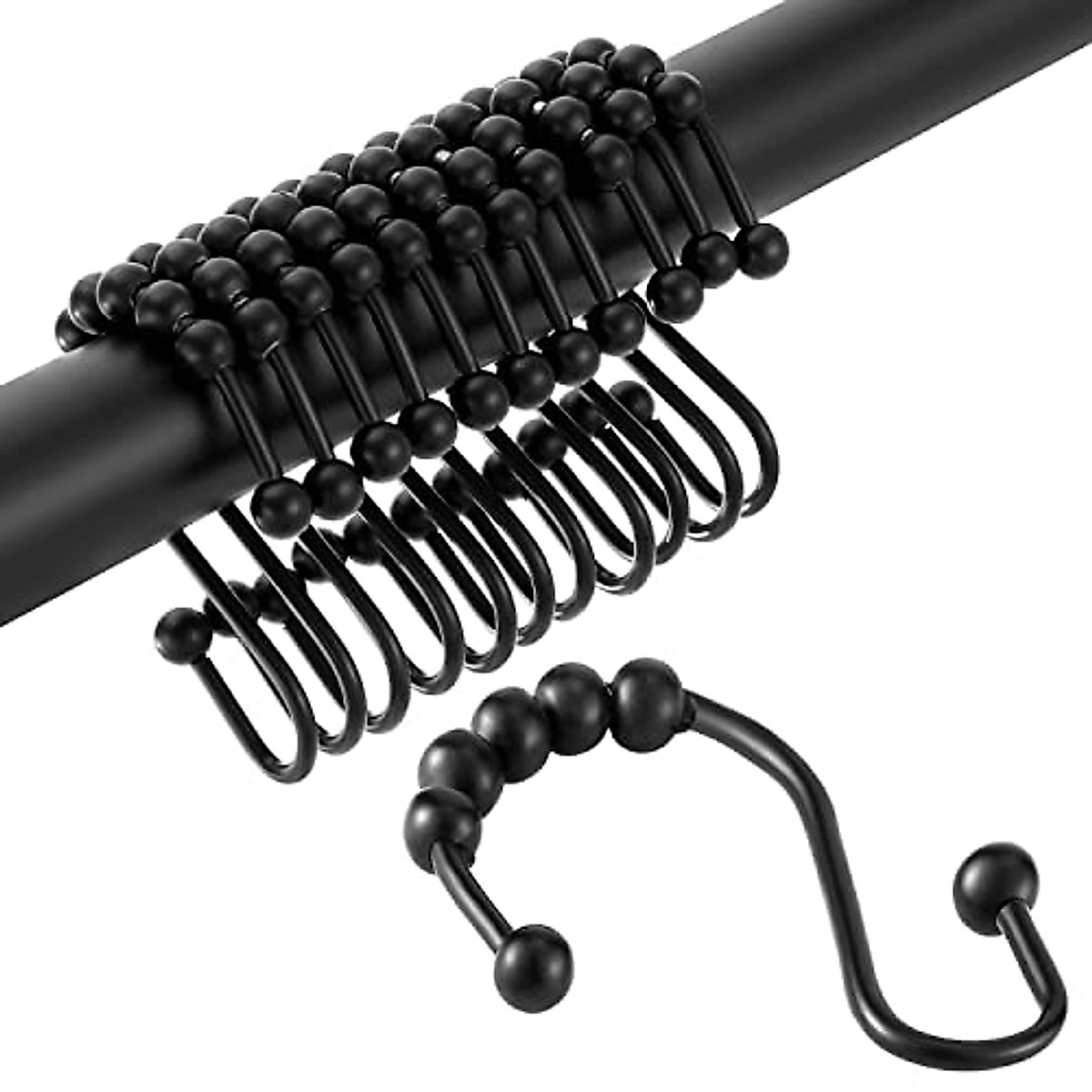 TENOVEL Shower Curtain Hooks, Metal S Shaped Shower Rings Rust Proof for Bathroom Shower Rods Curtains, Durable Stainless Steel Bathroom Shower Curtain Hanger, Matte Black, Set of 12